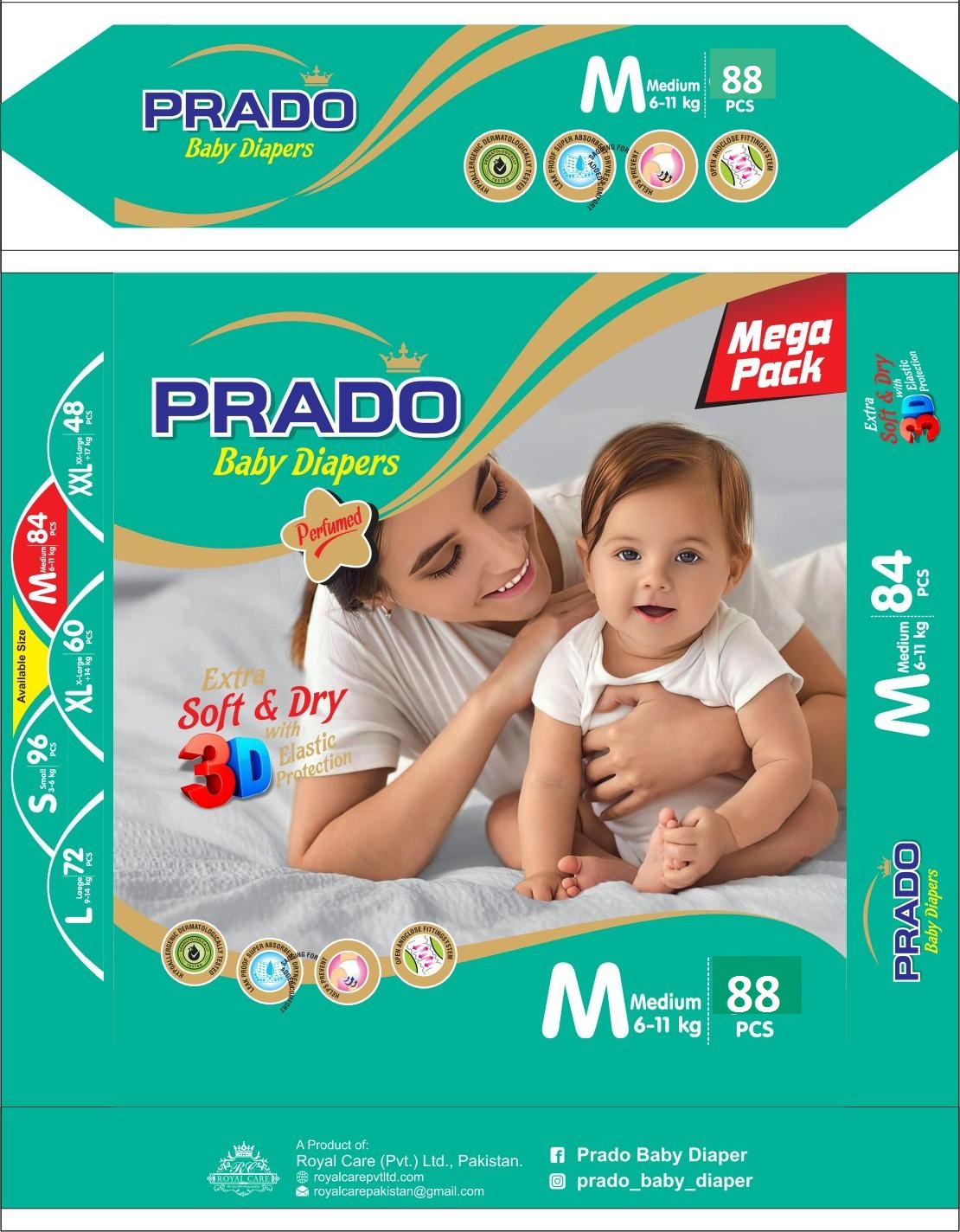 PRADO BABY DIAPERS (SIZE 3NO MEDIUM) (88 PCS PACK) | Daraz.pk