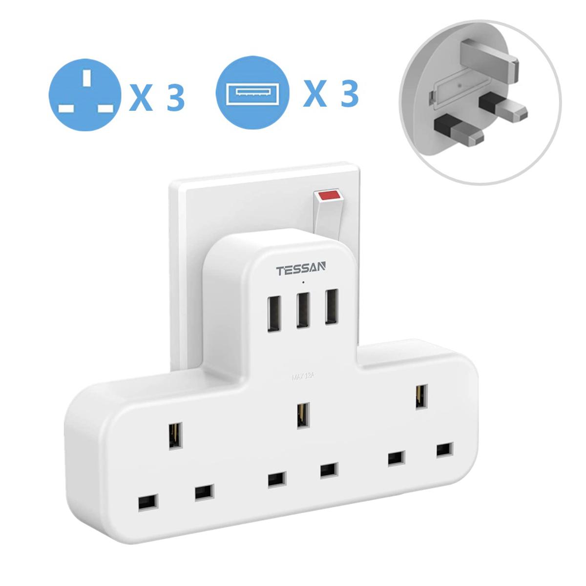 TESSAN USB Plug Adapter Multi Plug USB Charger with 3 USB Ports, 3 Way ...