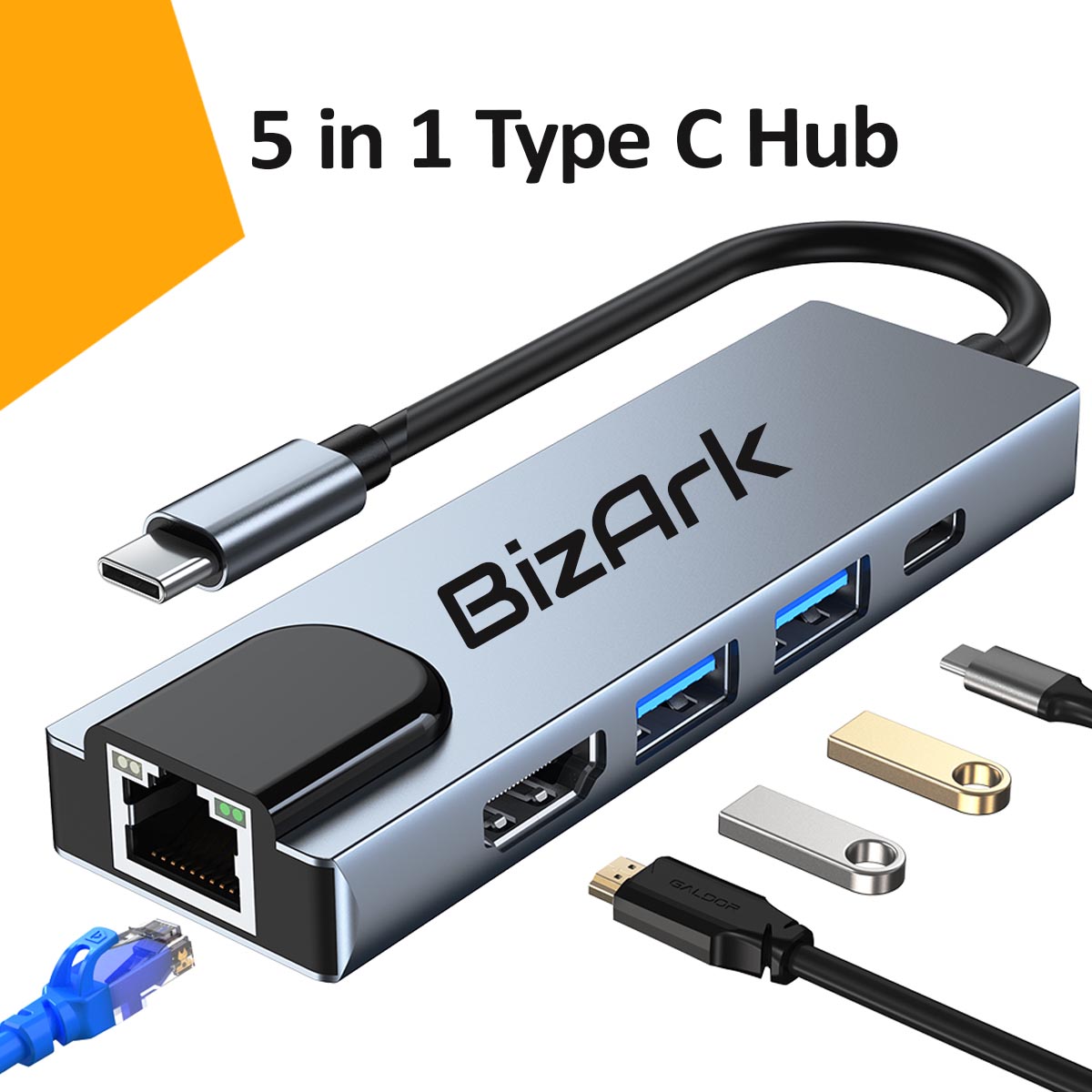 SPEED-X 5 IN 1 Type C Hub - MULTI-PORT TYPE C 4K HDMI USB 3.0 CONVERTER - 1 LAN + TYPE-C +USB*2 ...
