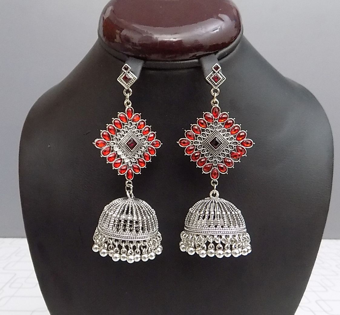 Traditional Styled Beautiful Big Silver with Red Crystals Jhumkay for ...
