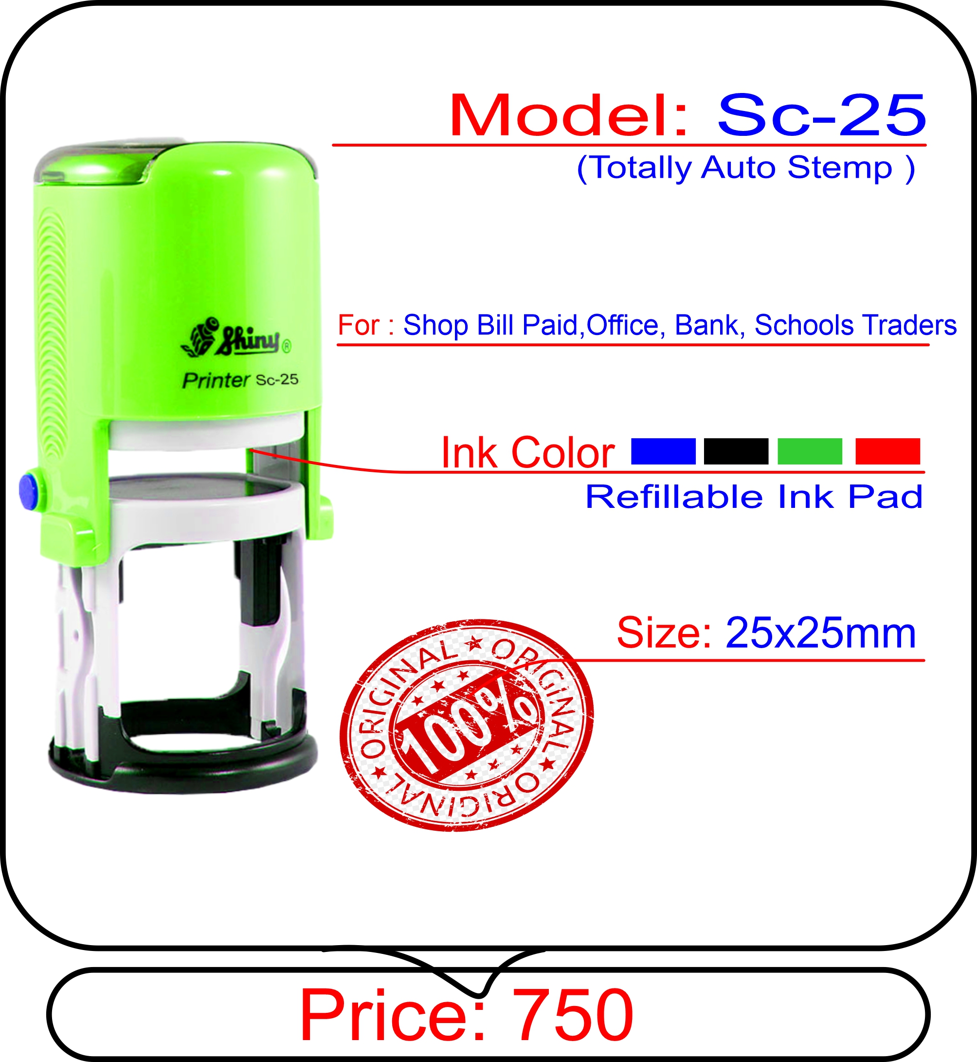 Customize Automatic Sc25 Stamp Self inking with refillable inkpad shiny ...