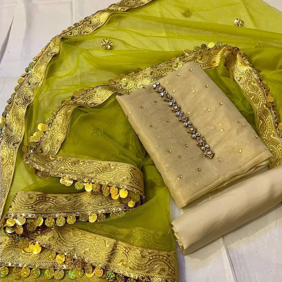 Sastaae 3 Pieces Unstitched Net Gotta Work Dupatta With Maysoori Hand ...