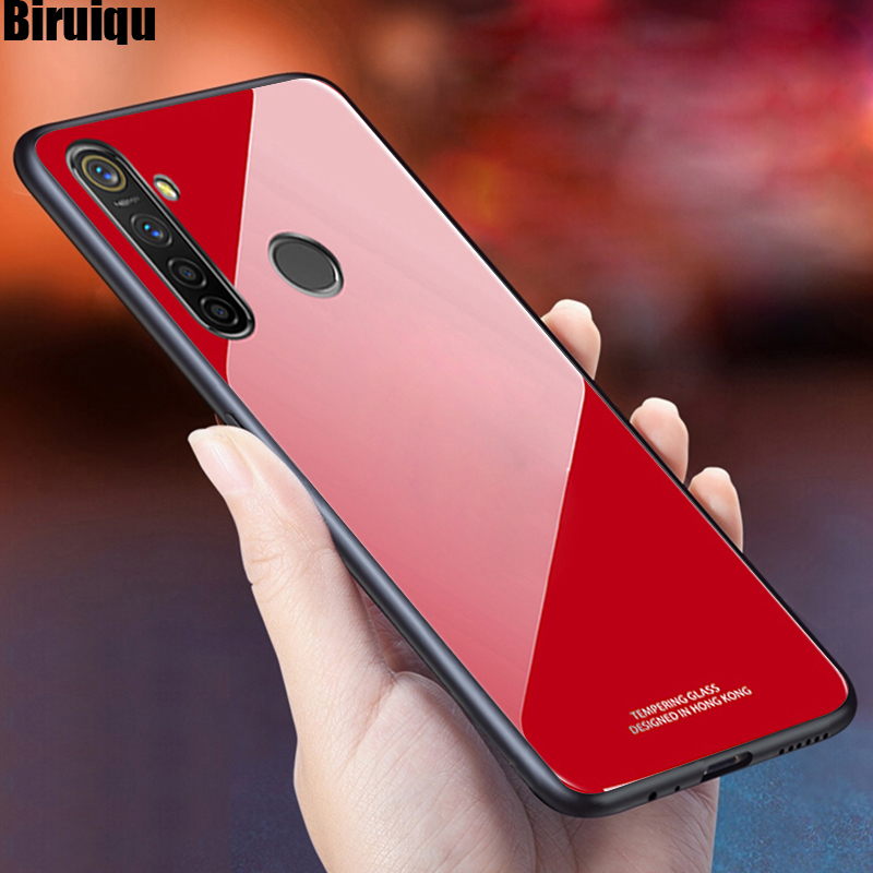 Biruiqu For Realme 5 Pro / Realme Q Shockproof Tempered Glass Back Soft ...
