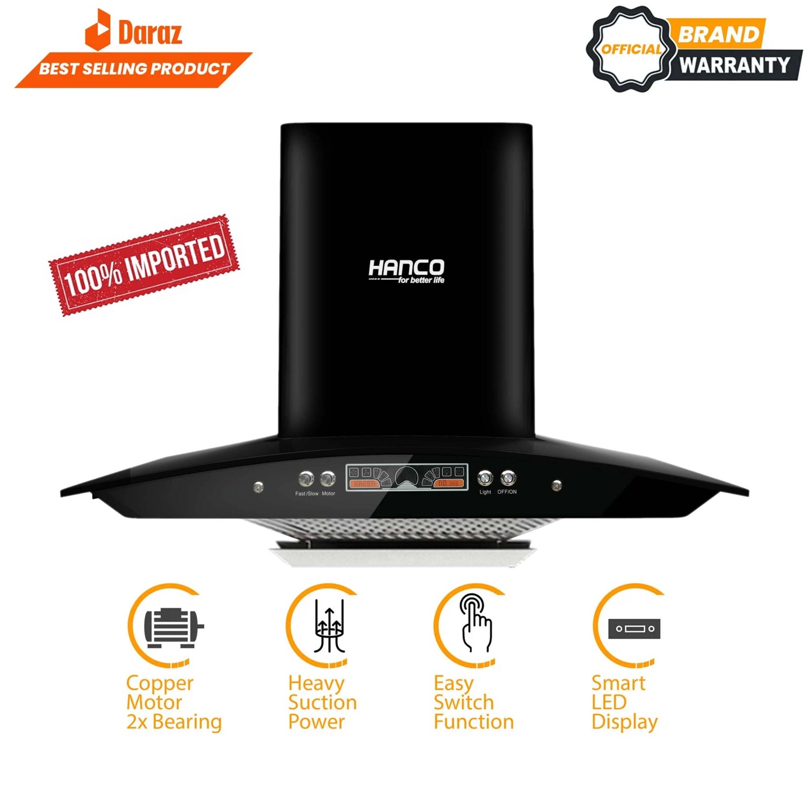 Hanco Black Stainless Steel Kitchen Hood with LED Display - Chimney ...