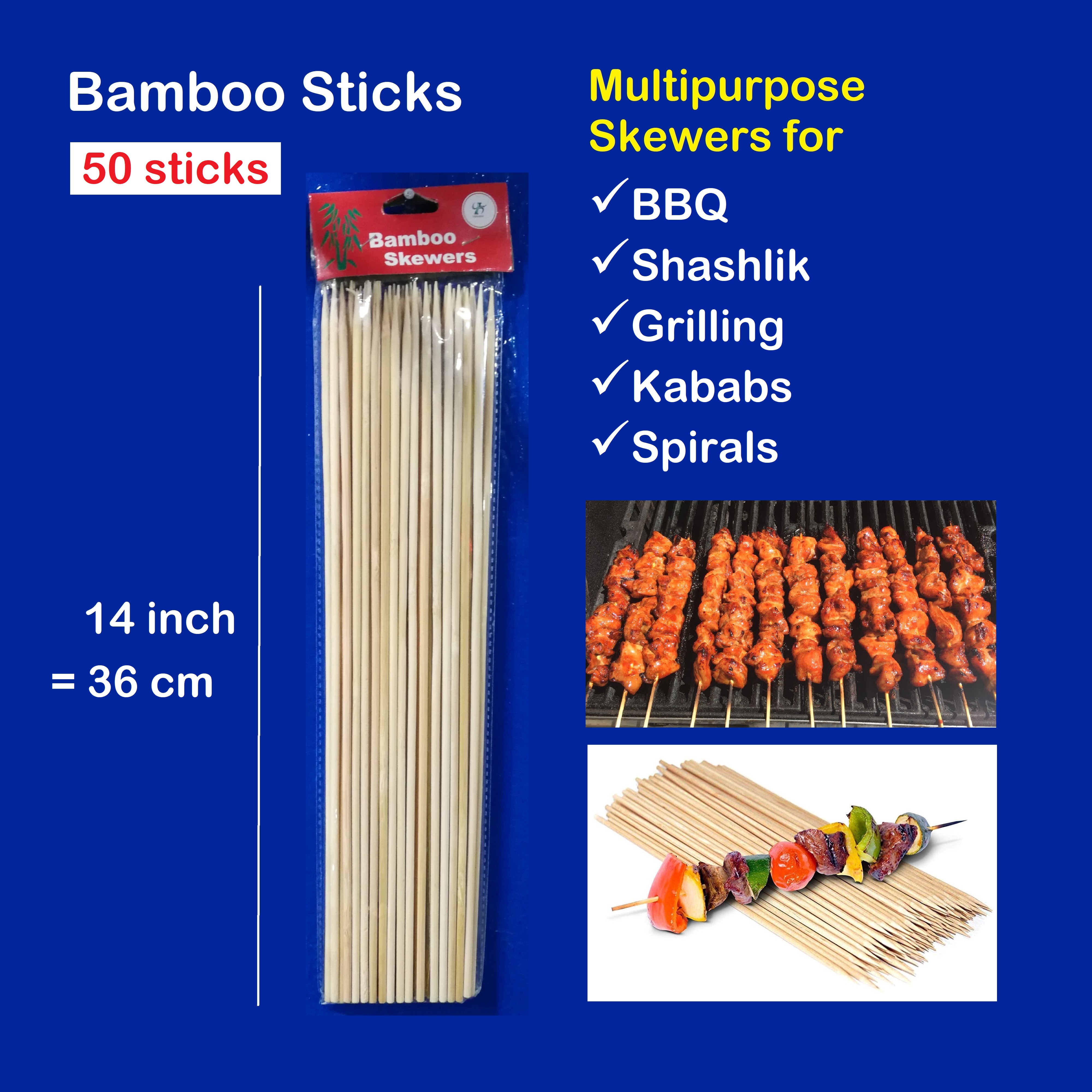 Bamboo sticks 14 inch - Pack of 50 wooden skewers for BBQ, shashlik ...