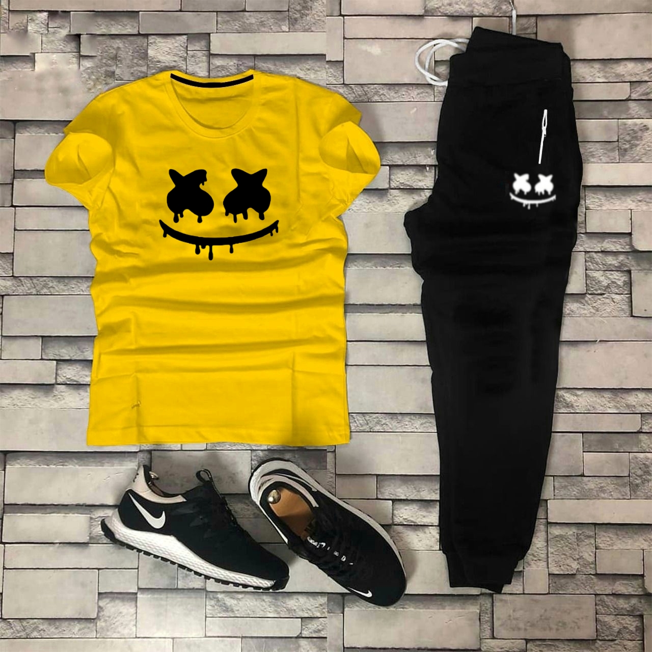 Yellow & black smile printed summer tracksuit for men and boys | Daraz.pk