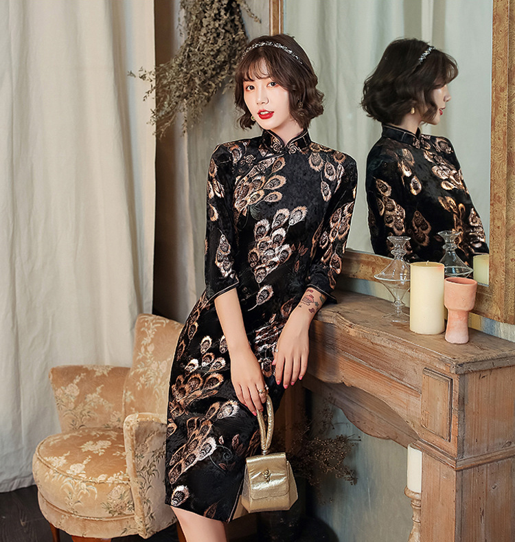 Women Velvet Chinese Dress, Elegant Slim Sides Splits Cheongsam Long ...