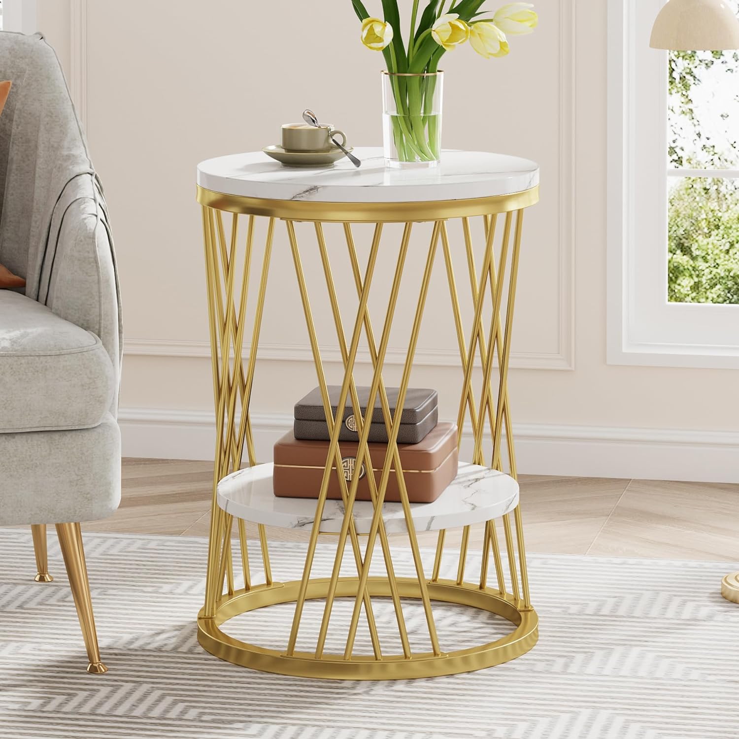 white gold end table tier modern wooden marble side table with storage ...