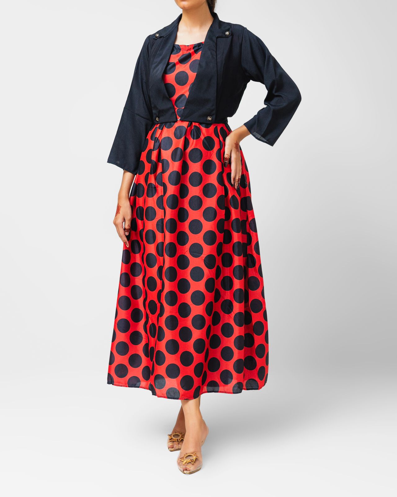 beautiful polka dots frock with jacket for women and girls available in ...
