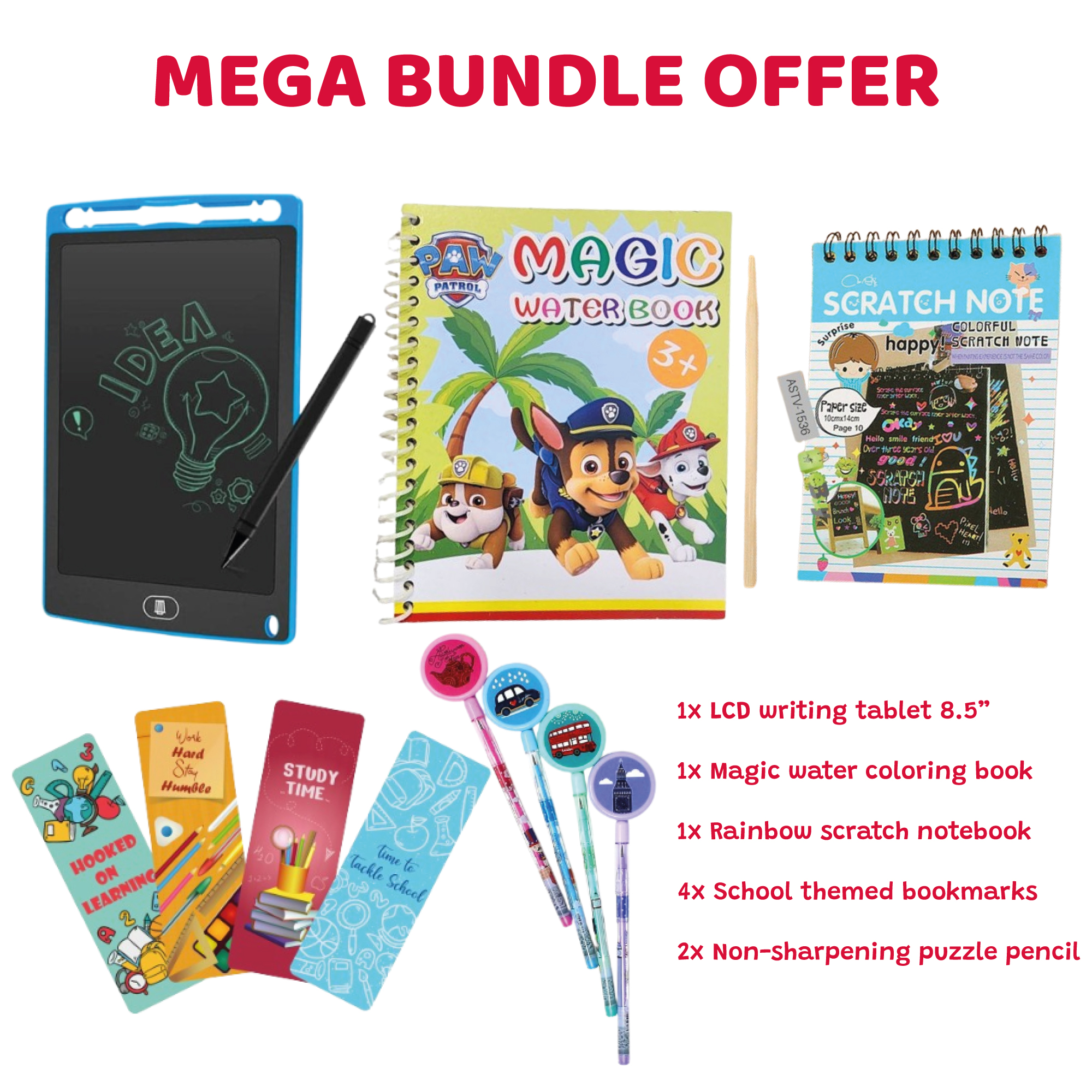 Mega Bundle Offer (9 items)- Rainbow colorful scratch notebook, Magic water coloring book ...