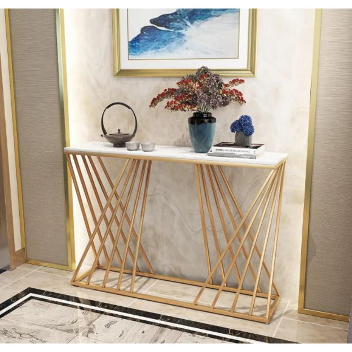 Rose Gold Metal Console Table With Glass Top In Rose Golden