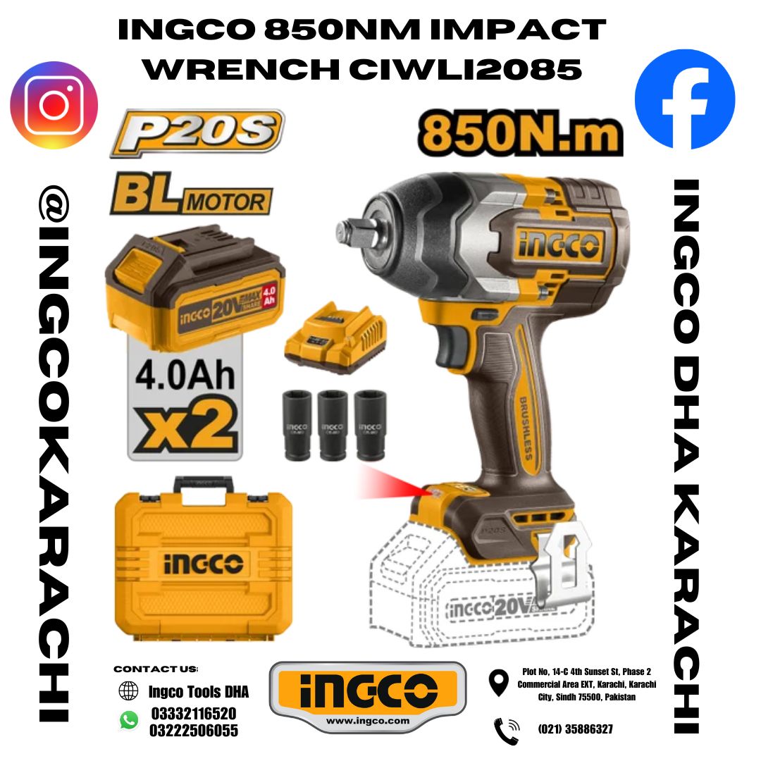 Ingco 20V Cordless Impact Wrench with Brushless Motor 1/2Inch, Battery ...