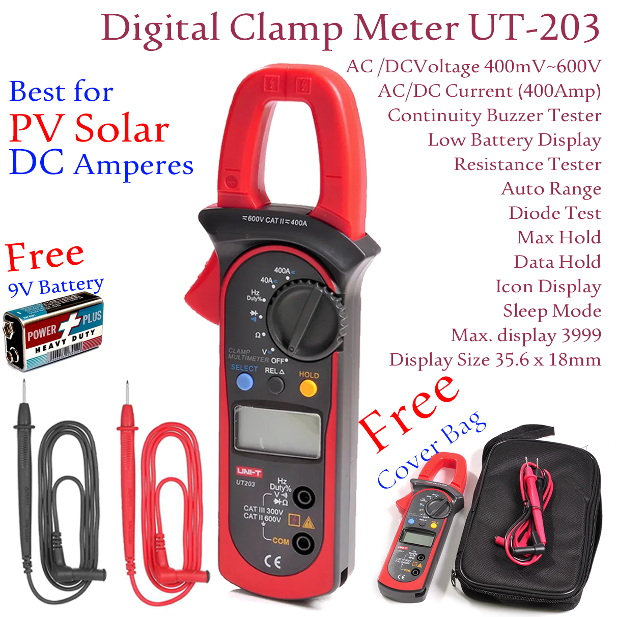 UT203 Solar Clamp Meter AC DC Ampere Meter, UT 203 AC/DC 40A/400A ...