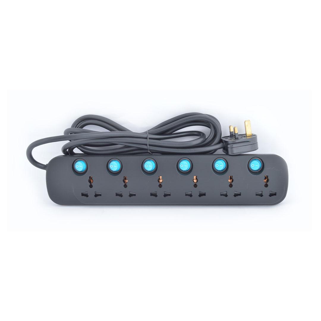 6 Way Universal Power Extension Socket 3X1.25mm2 Black Body & Blue ...