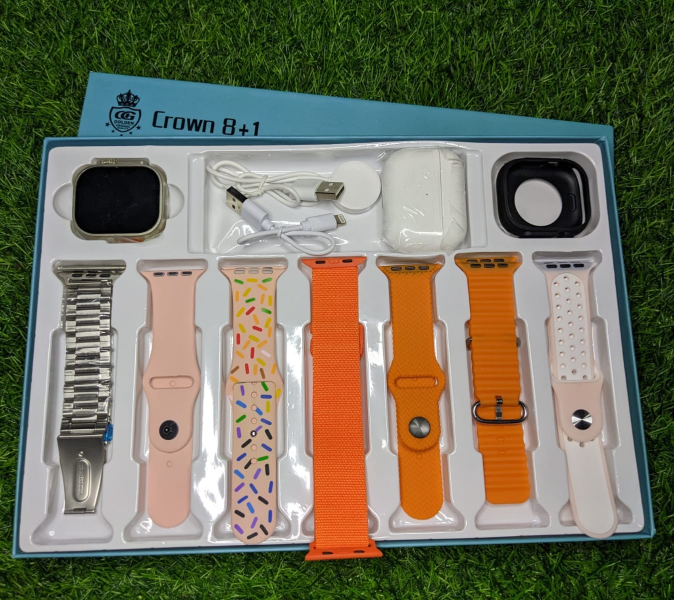 Crown 8+1 smart watch with 7 Different straps in Rendom Colour, Wireless Airbuds and silicone ...