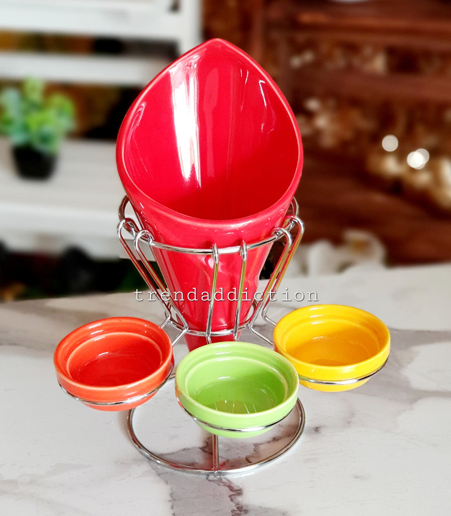 5 Pieces French Fries Holder with Stainless Steel stand and 3 Dipping ...