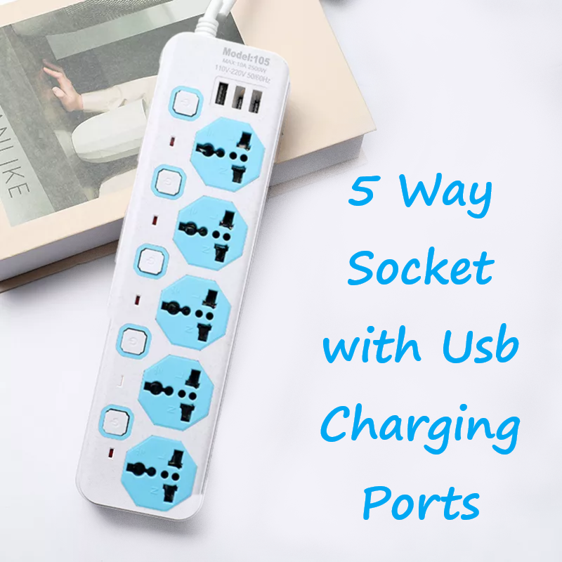 5 way power Strip / Extension Lead board with 3 USB Ports and 5 Sockets ...