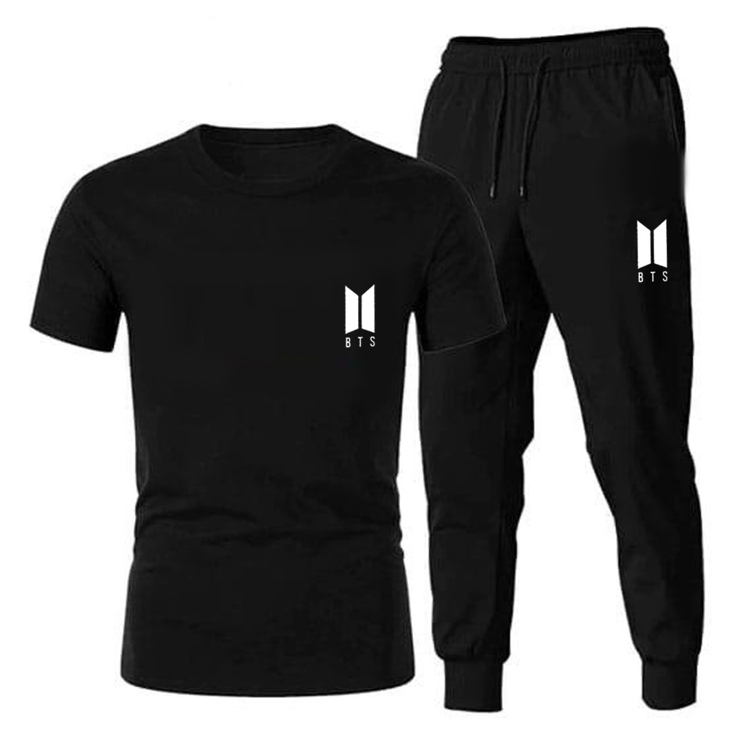 BTS Logo Design Half Sleeves T shirt and Trouser Summer Gym Wear Cotton ...