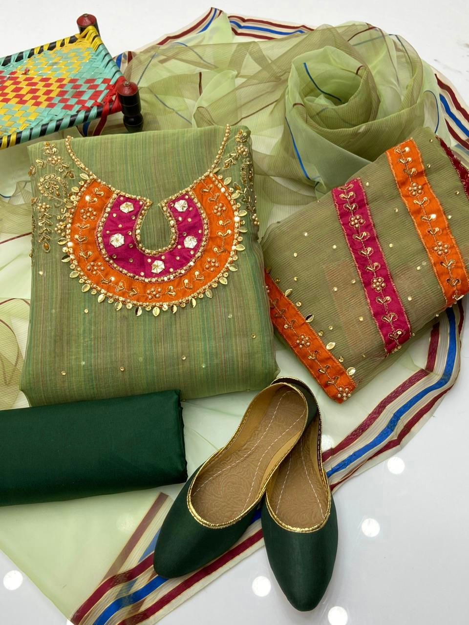 *New Collection 03 Pcs DRESS Rangoli Organza Handmade Shirt with Applic ...