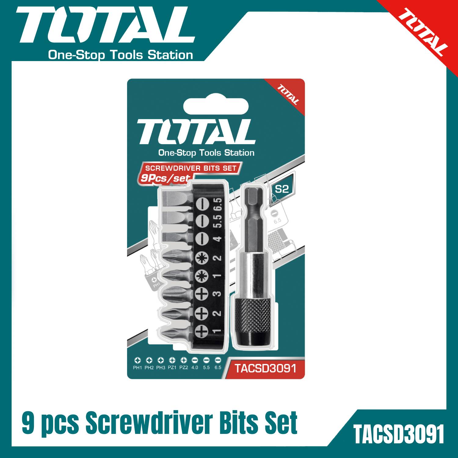 TOTAL 9 Pcs S2 Industrial Steel Magnetic Screwdriver Bits Set TACSD3091 | Daraz.pk