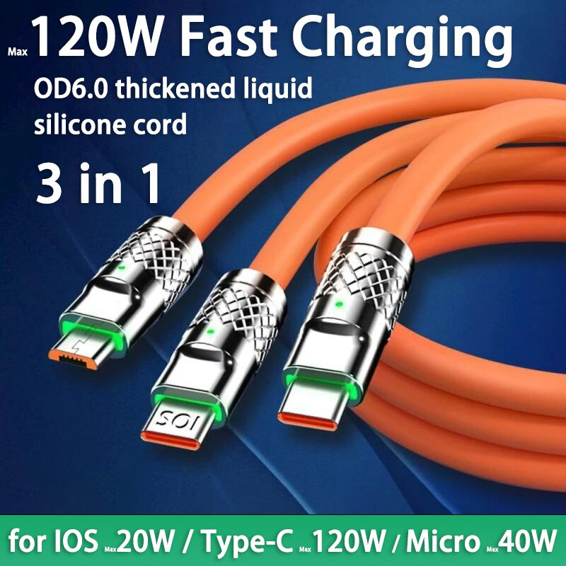 3 in 1 120W 6A Fast Charging Type C Cable Micro USB for iPhone Charging ...