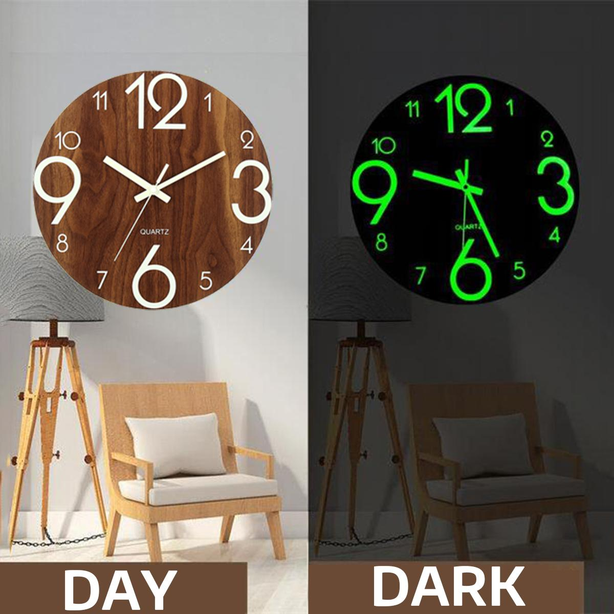Glow in the Dark Wooden Night Light Wall Clock Silent Battery Operated ...