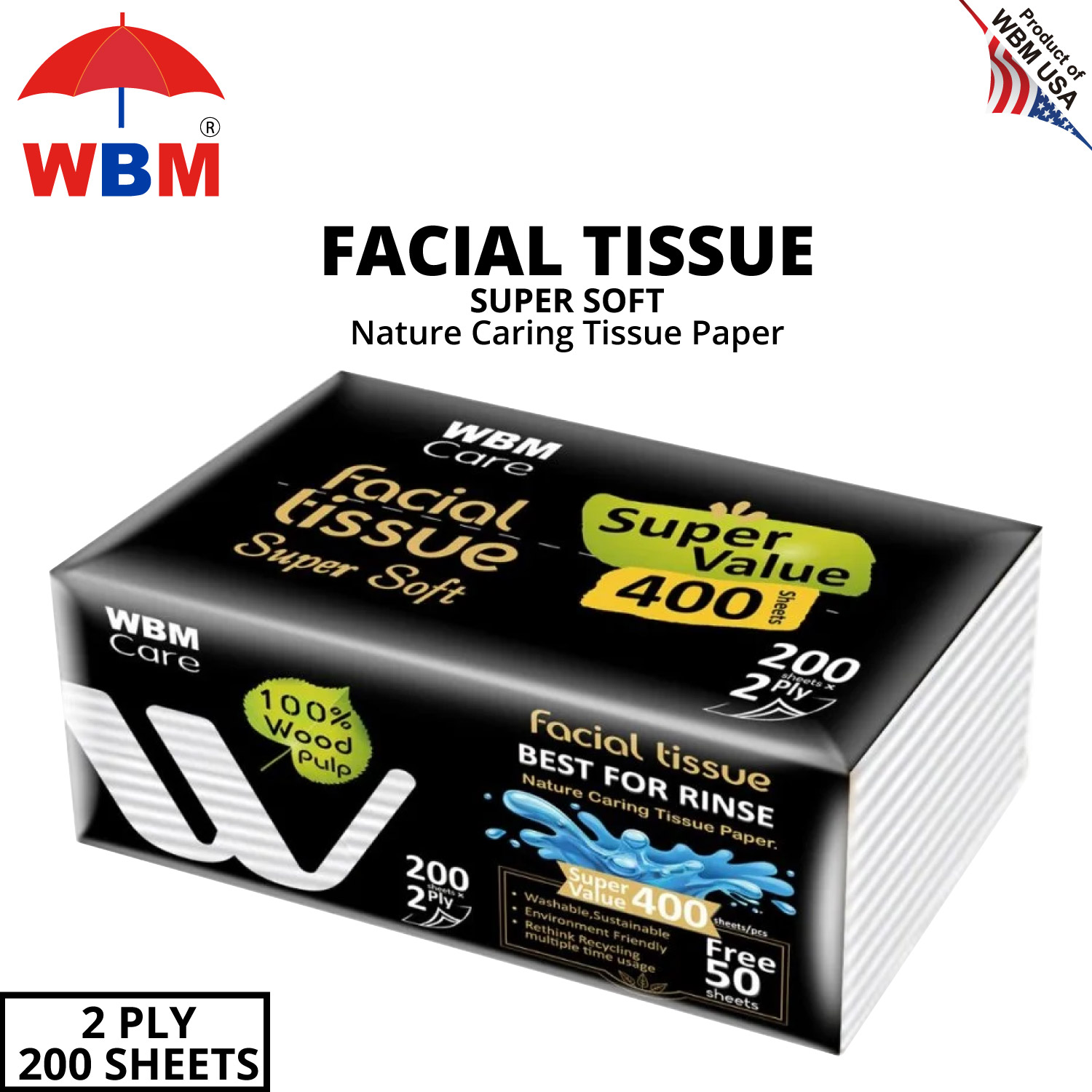 WBM Care Facial Tissue, Super Soft Medium Tissue Pack 200 Sheets – 2Ply ...