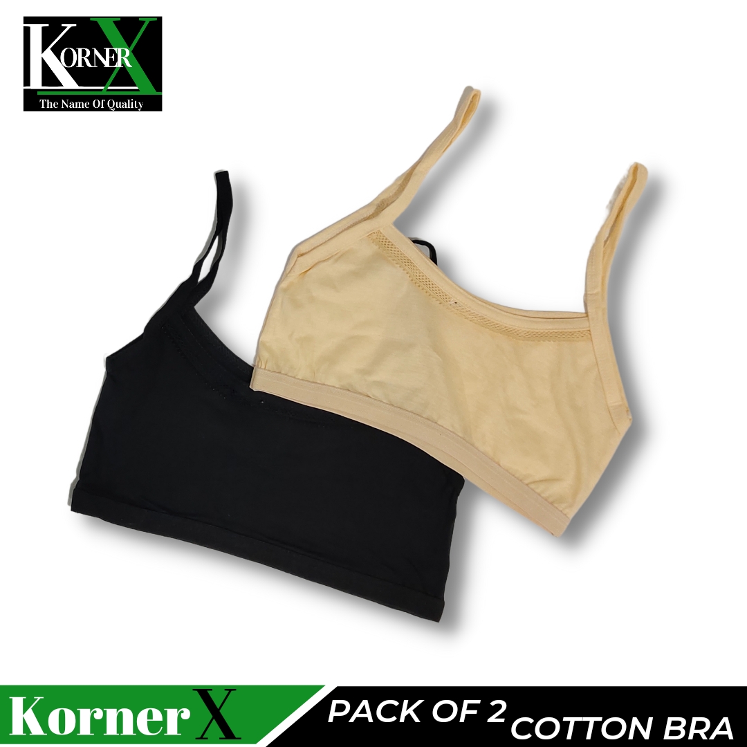 Pack of 2 Cotton Bra Vests for Girls - Skin & Black, Soft Lace Design ...