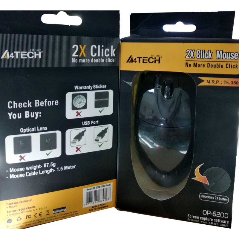 A4Tech OP-620D Optical Wired Mouse | 1000 DPI Precision with 2x Click ...