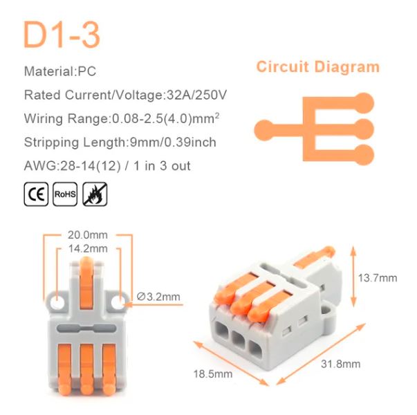 Mini Quick Wire Connector Universal Compact 2/3 Pin Splicing Push-in ...