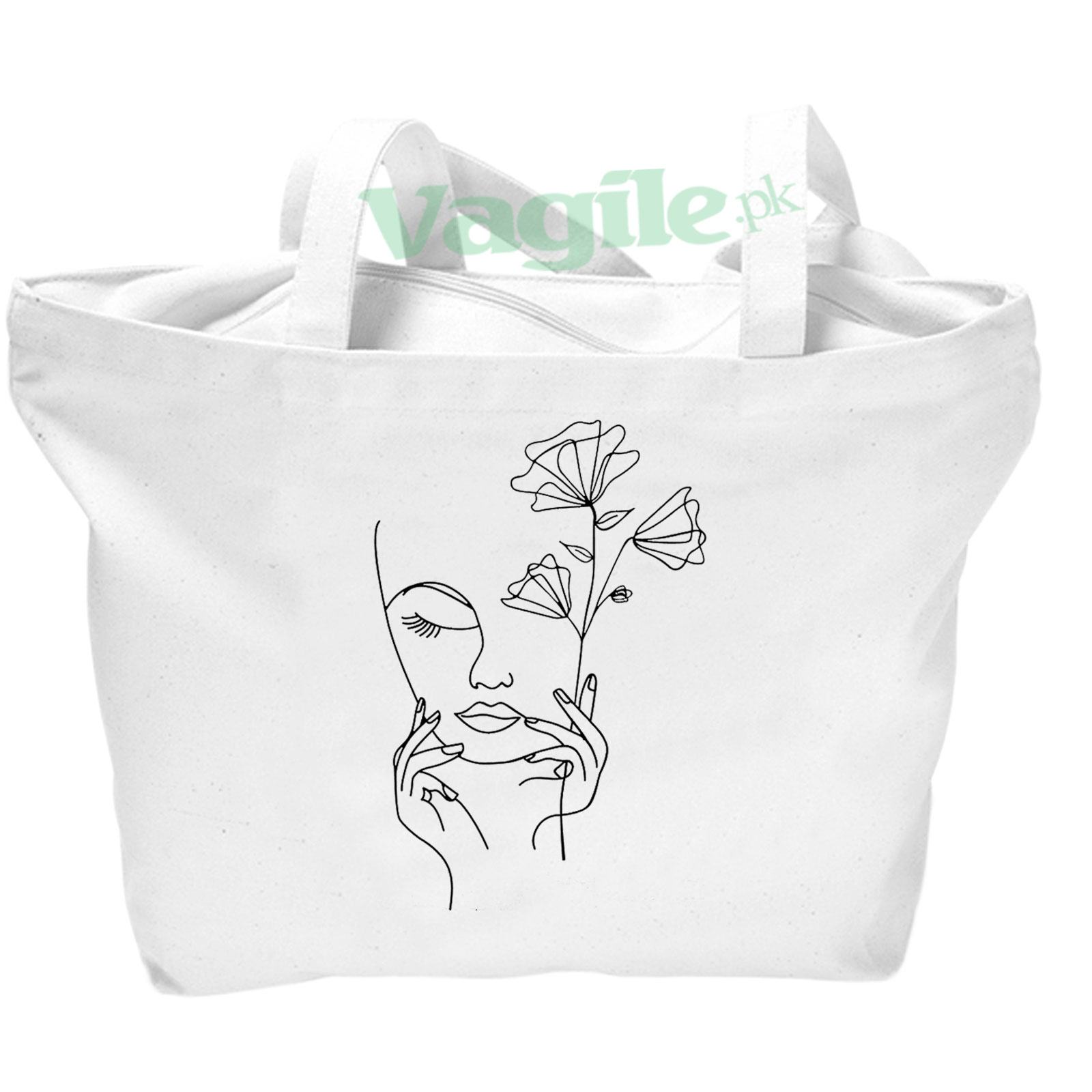 Vagile One Line Drawing Face with Flowers Tote l Aesthetic Tote Bag Durable Canvas Zipper Bag ...