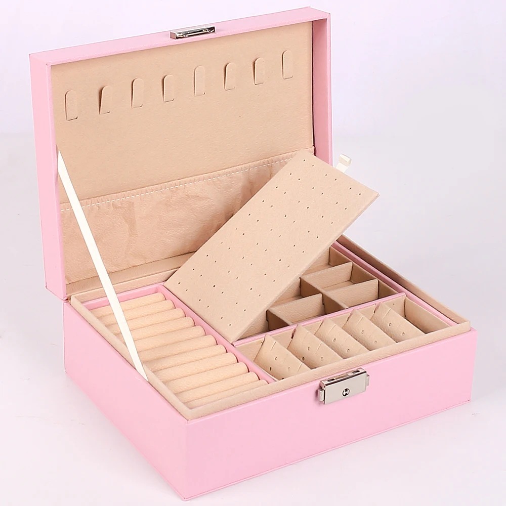 Leather jewelry Organizer with Locker 2 Layers Cosmetics Ear Rings ...