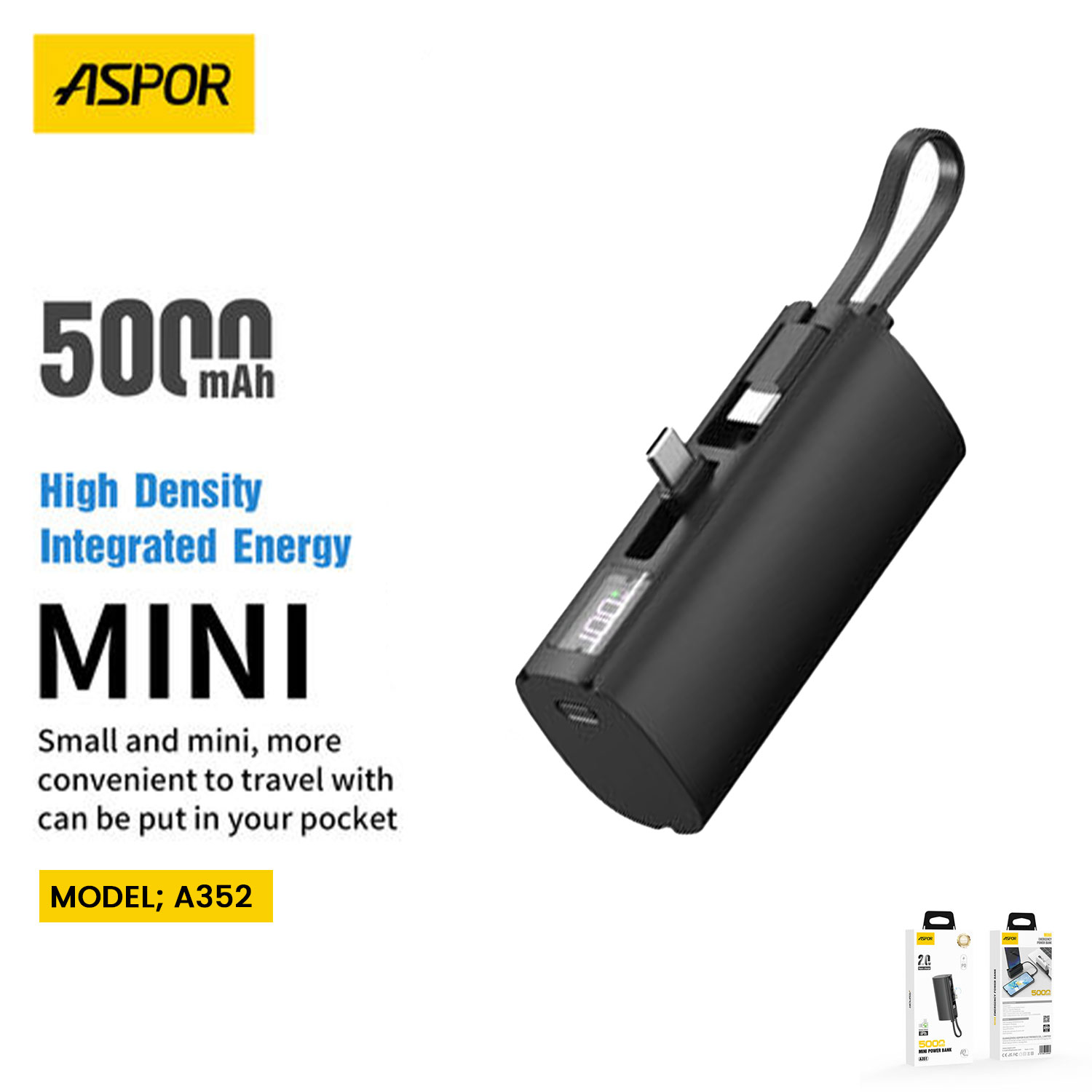 Aspor A352 2 TYPE-C Flexible Portable Mini 5000mAh Power Bank | Daraz.pk