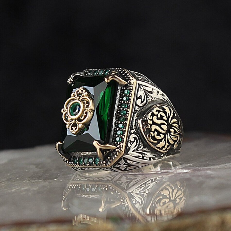 Green Stone Vintage Hand Engraved Pattern Turkish Signet Ring for Men ...