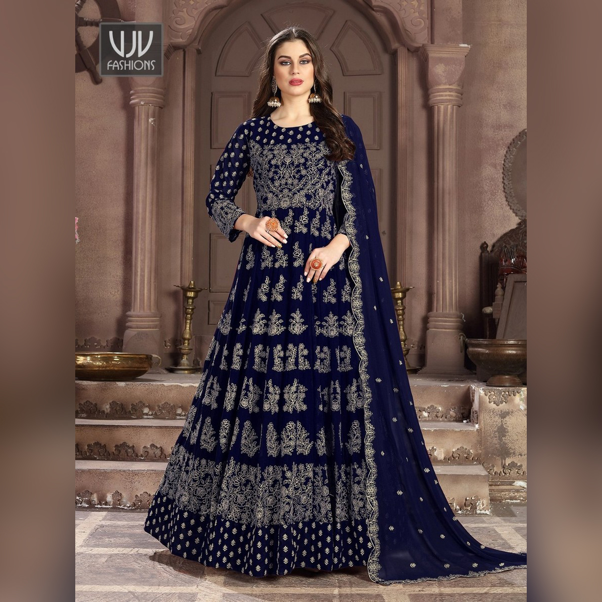Women Chiffon Embroidered Blue Maxi Dress-Unstitched | Daraz.pk