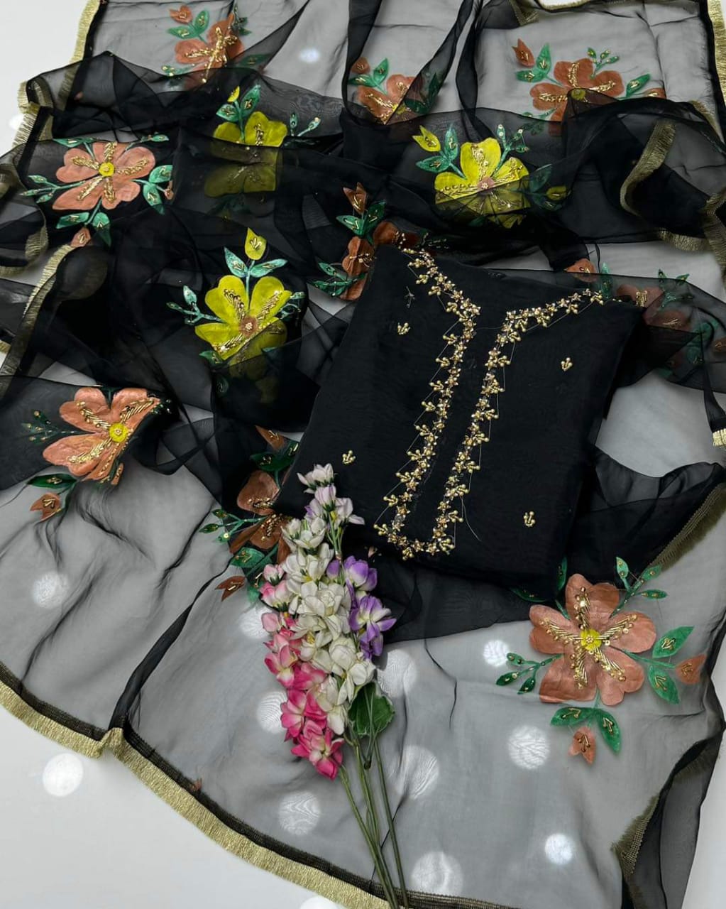 Fancy collection Handwork Stones And Beads Work Organza Shirt With ...