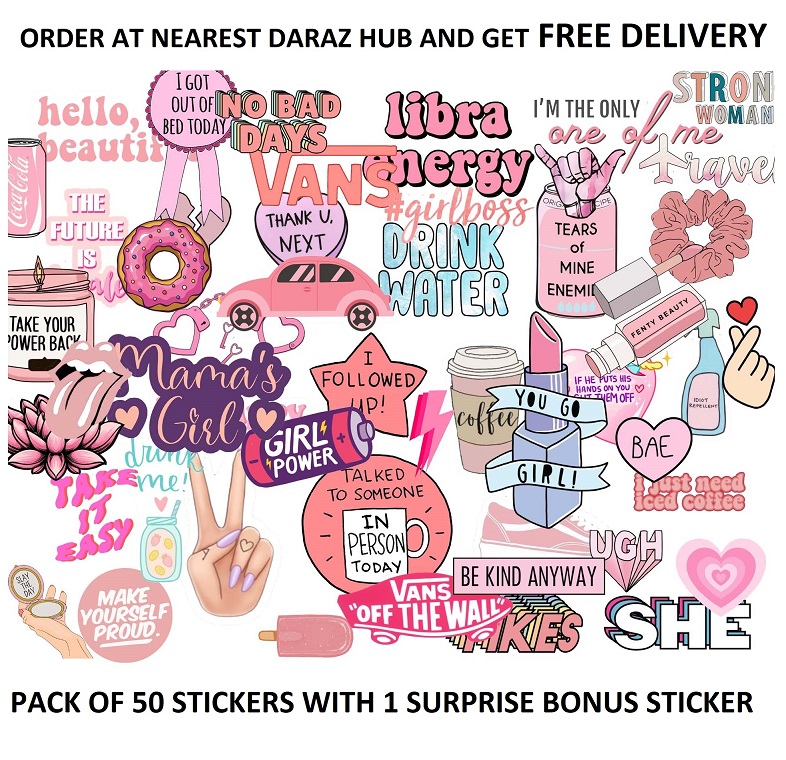 Pack of 50 Cartoon Pink Style Girl Stickers - Stickers for Laptop ...