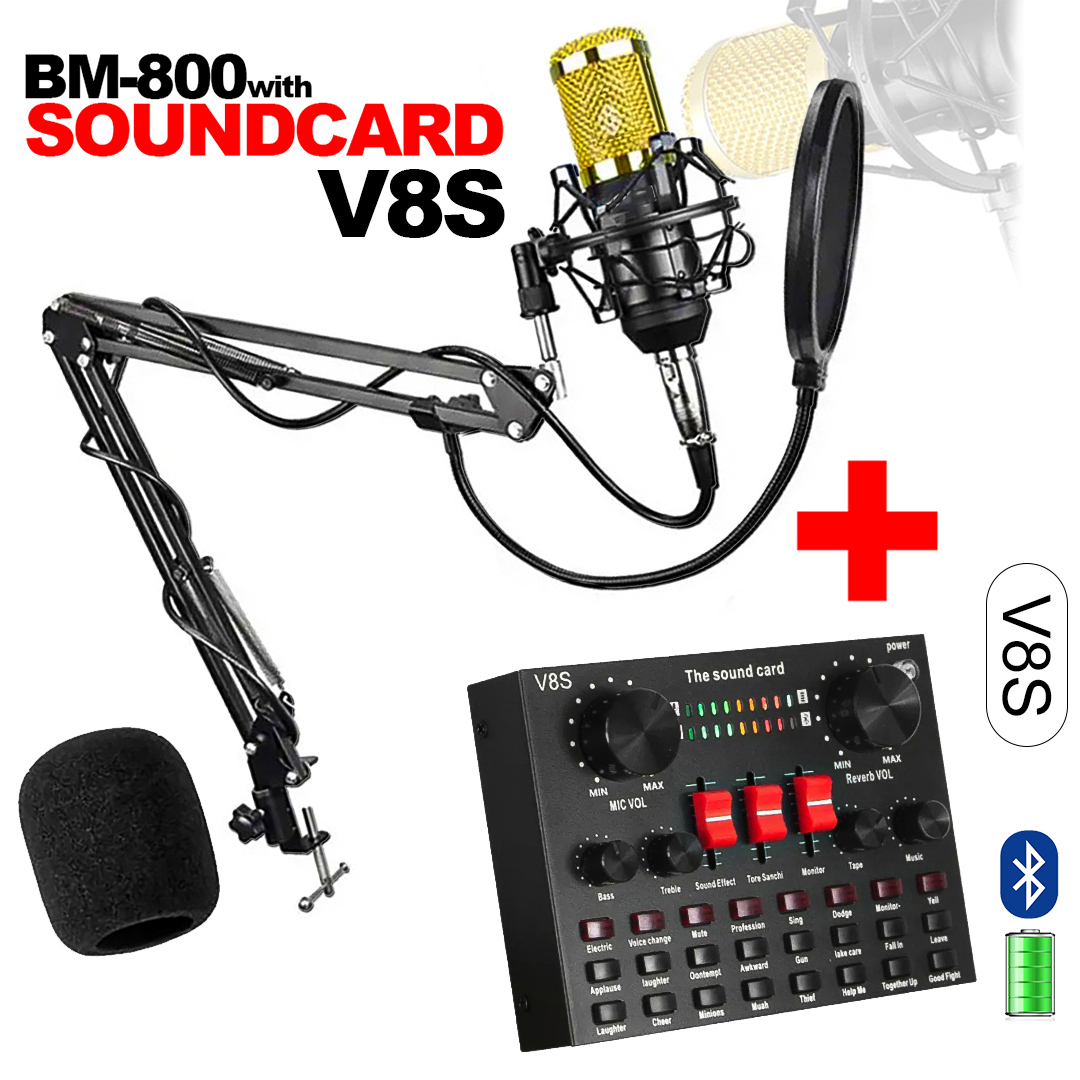 BM800 Condenser Microphone With V8S Sound Card & Complete Equipment | Condenser Microphone Full ...
