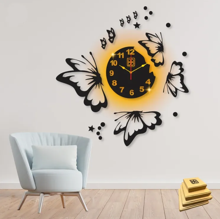 EVENTO Wooden 3D Stylish Buterfly Wall Hanging Clock Quartz Watch DIY ...