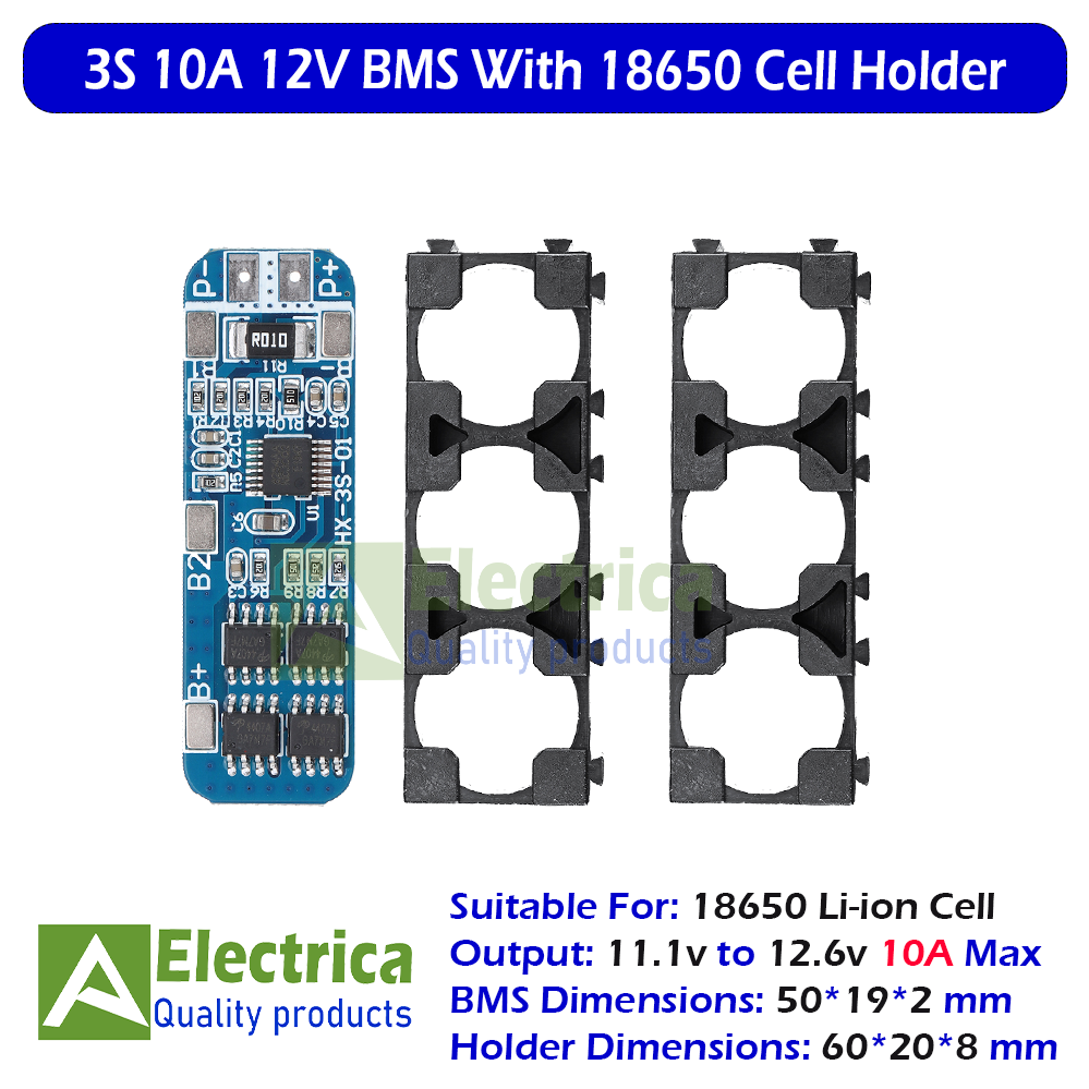 3S 10A BMS with 18650 Cell Spacer Holder 11.1-12.6v Battery BMS with ...