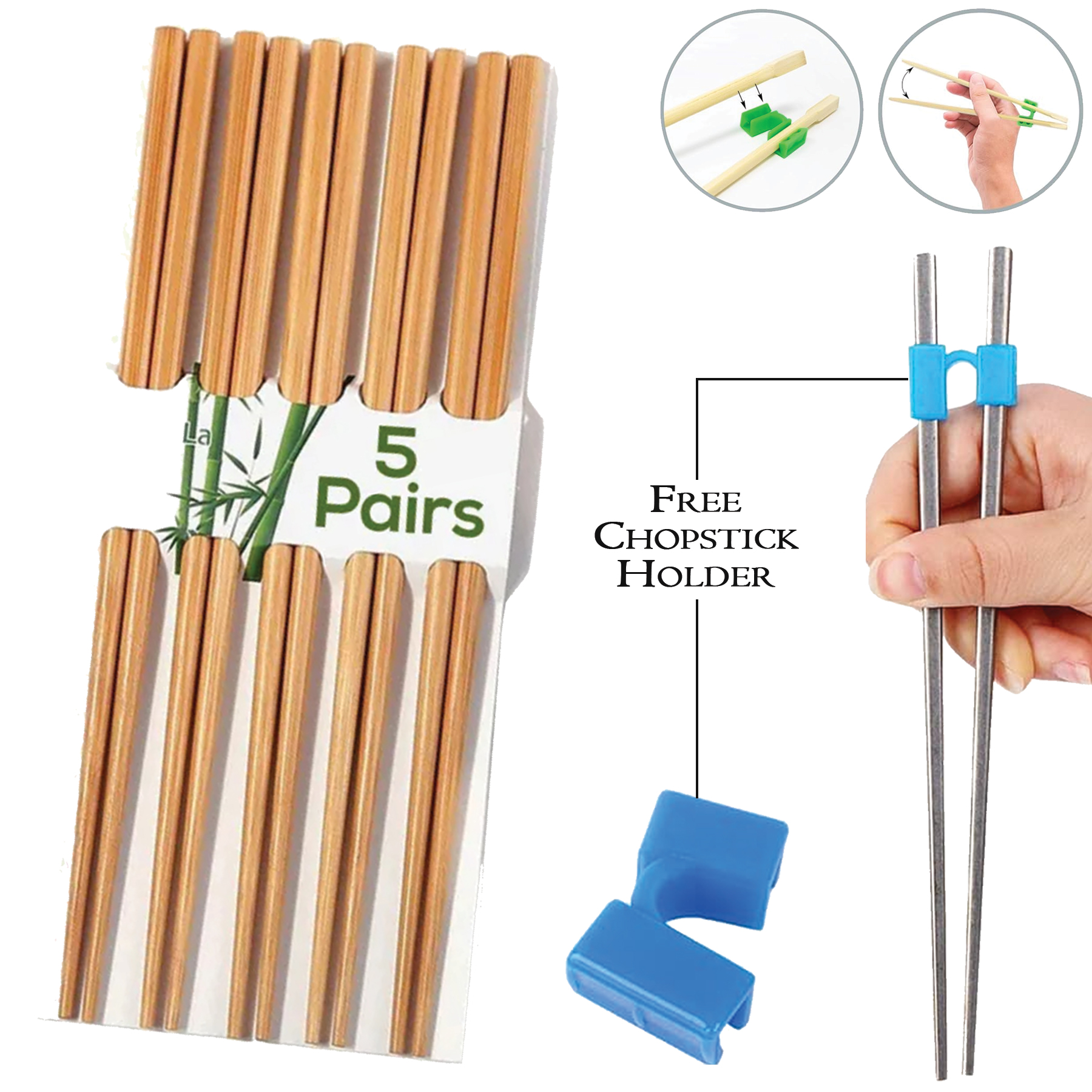 Pack of 5 Pairs Reusable Chinese Bamboo Chopsticks With Chopstick ...