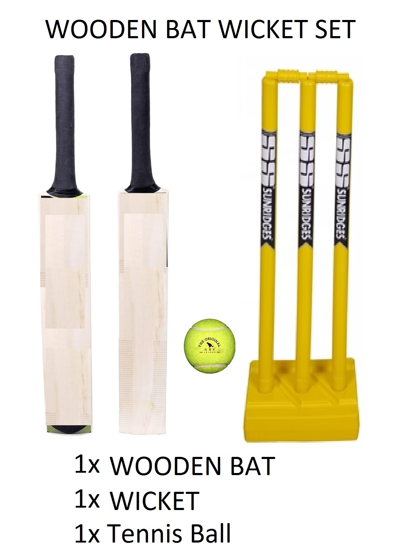 Cricket Bat Ball Set With Free Tennis Ball-3Pcs Wooden Bat-Plastic ...