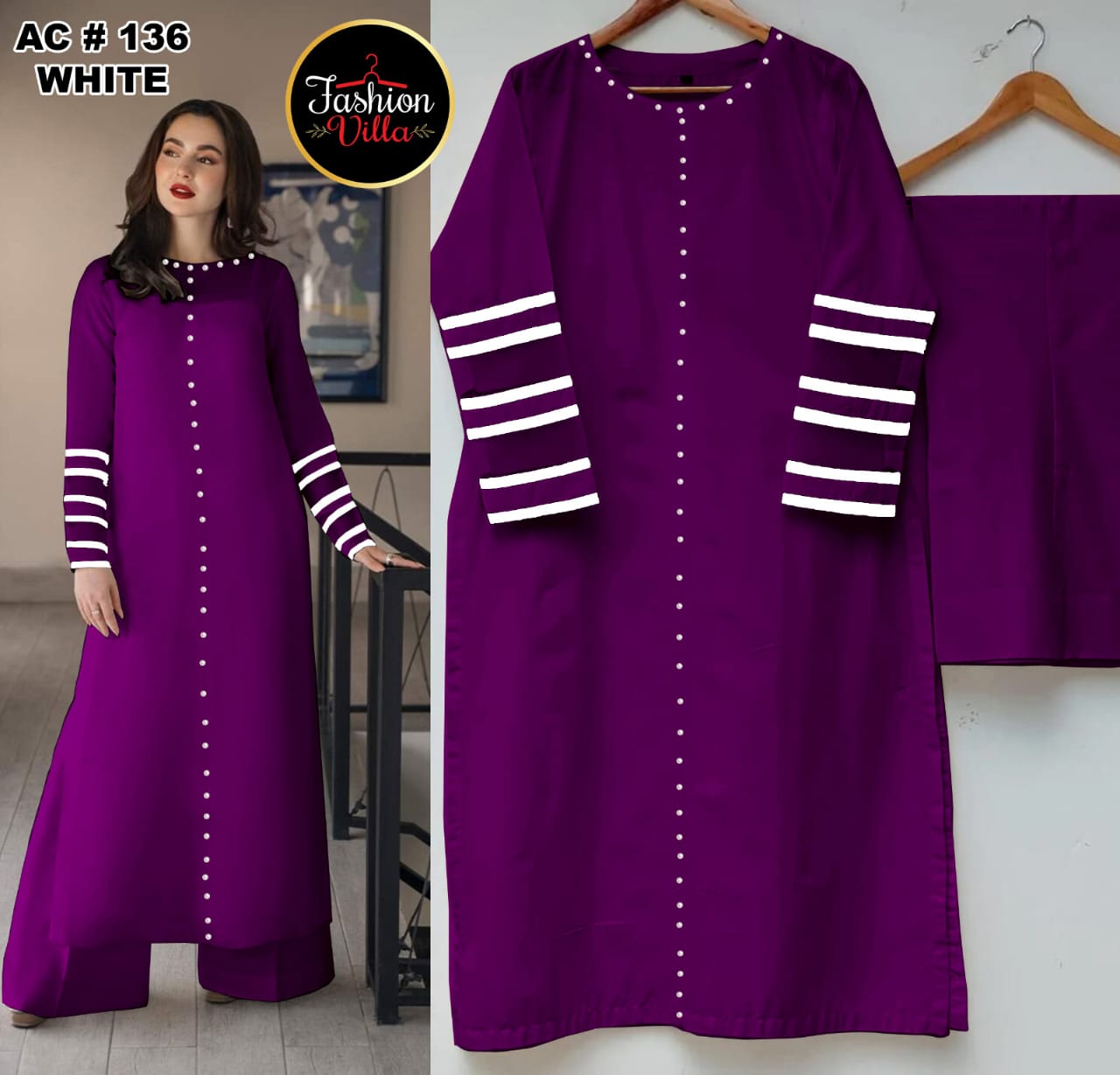 2-Piece Long Shirt and Trouser Set with Lace Neck and Center Work ...