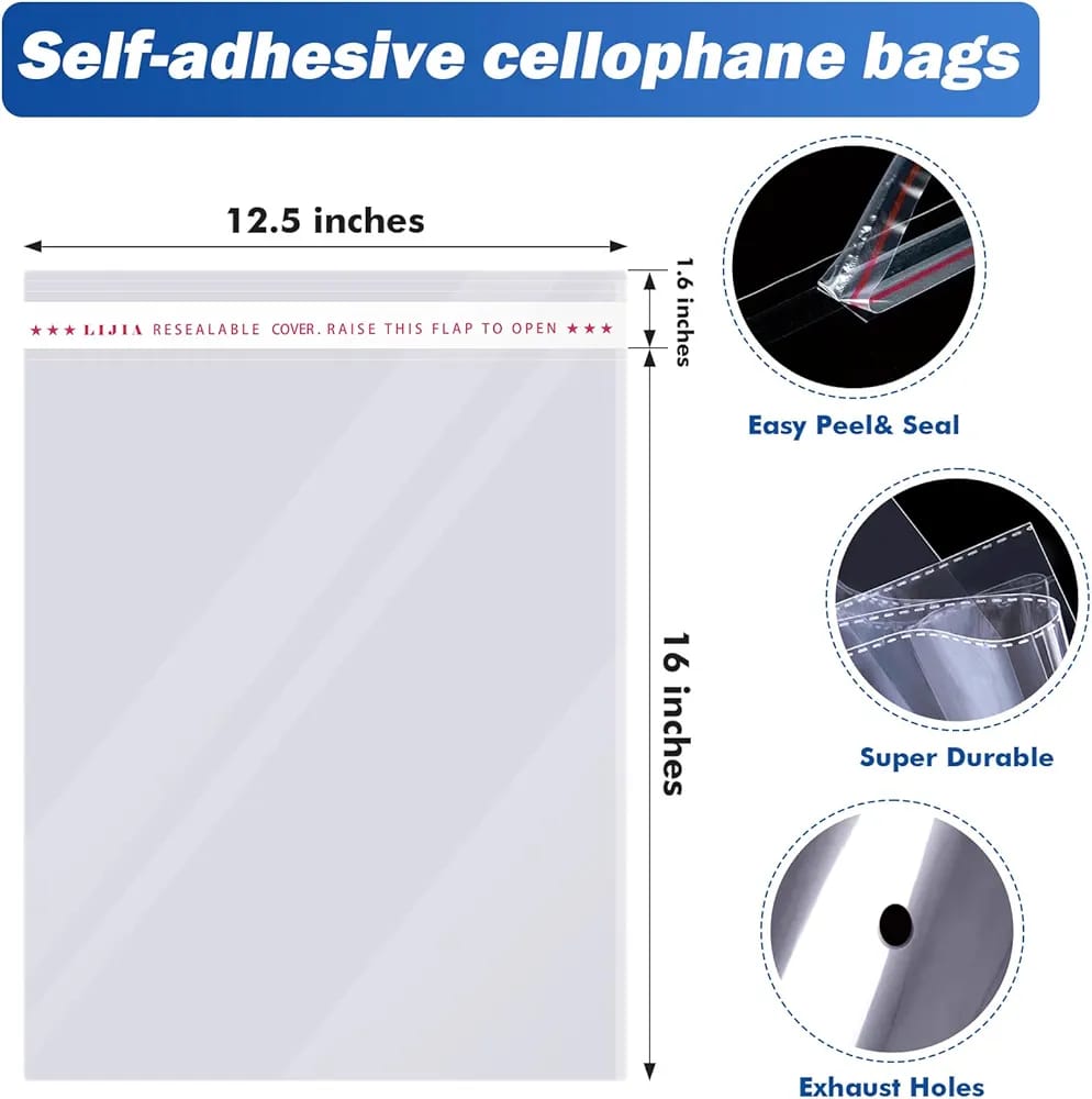 Pack of (50) 12x16 inch Crystal Clear Flap Seal Bag Resalable Poly ...