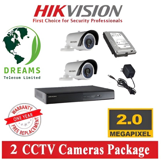 HIK Vision 2 HD CCTV Cameras Package, 2.0MP I.R Night Vision, DVR, Hard ...