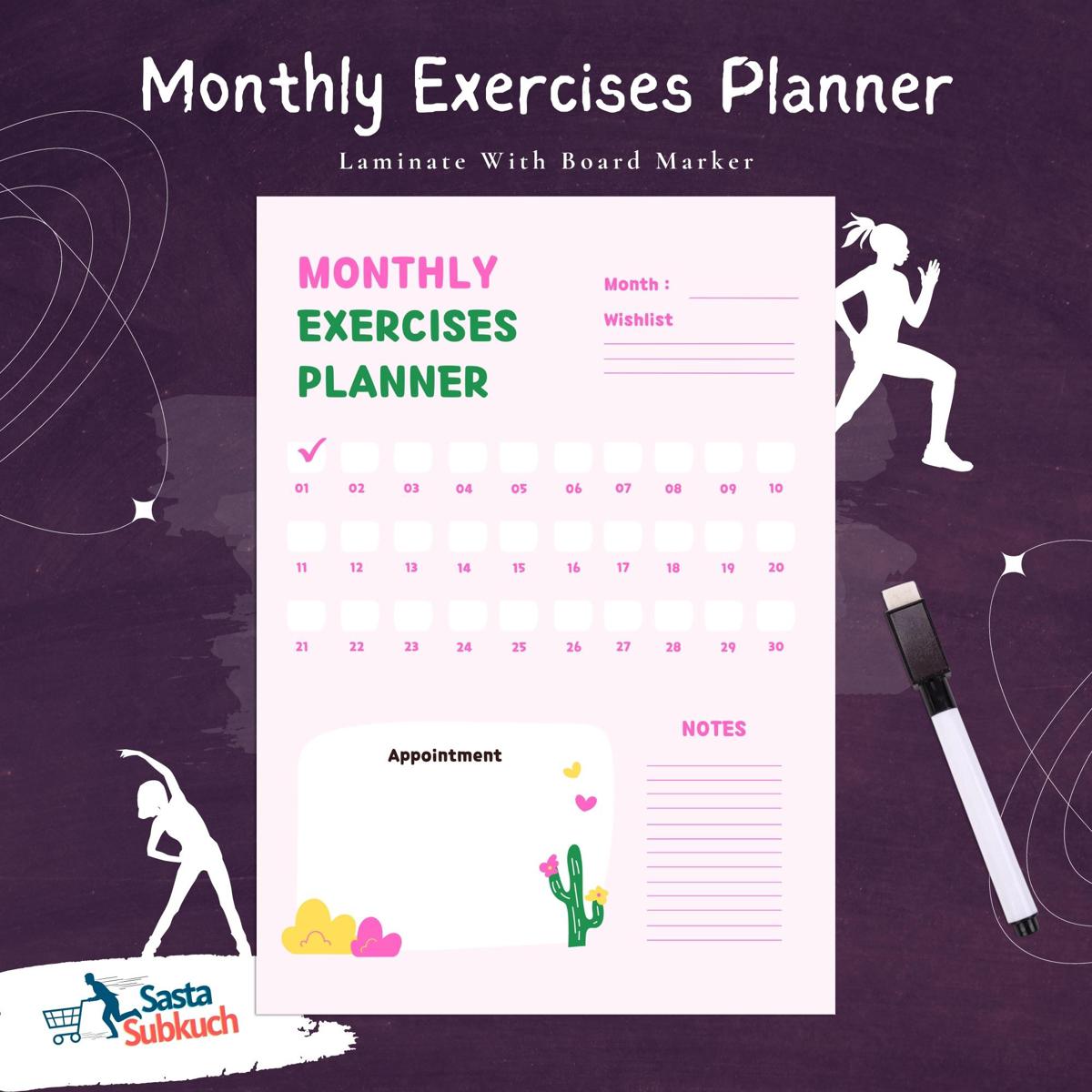 Planner for Monthly Exercises For Girls A4 Size Laminate with board ...