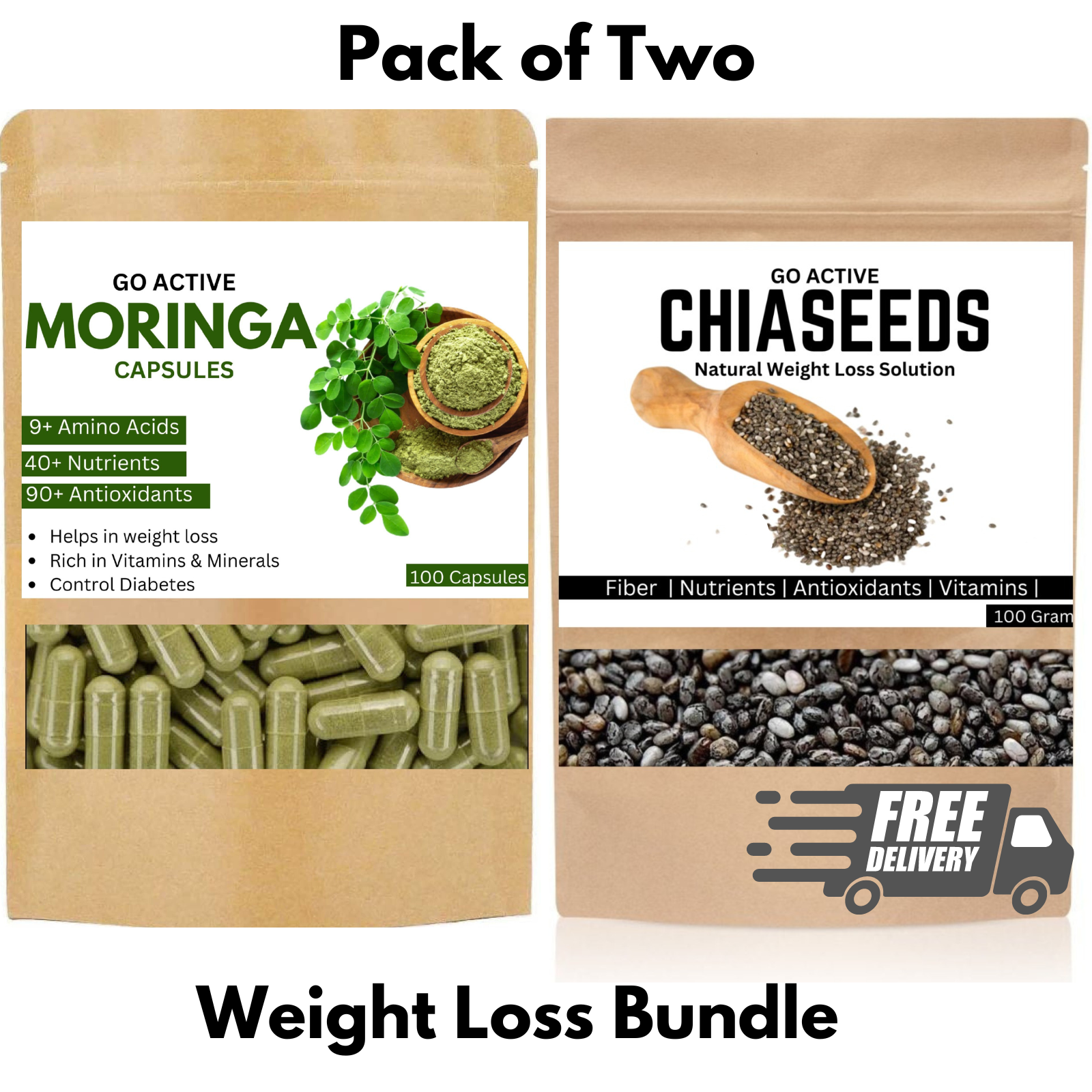 Pack of 2 | 100 Moringa Capsules and 100 Grams Chia Seeds | Weight Loss Bundle | 100% Pure and ...