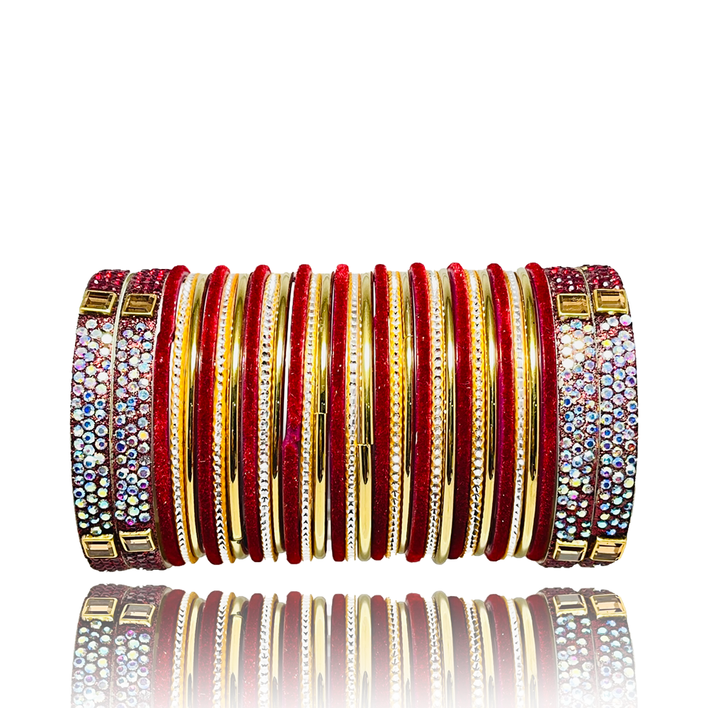 Pink City |Maroon velvet and golden metal bangles with blink bangles ...
