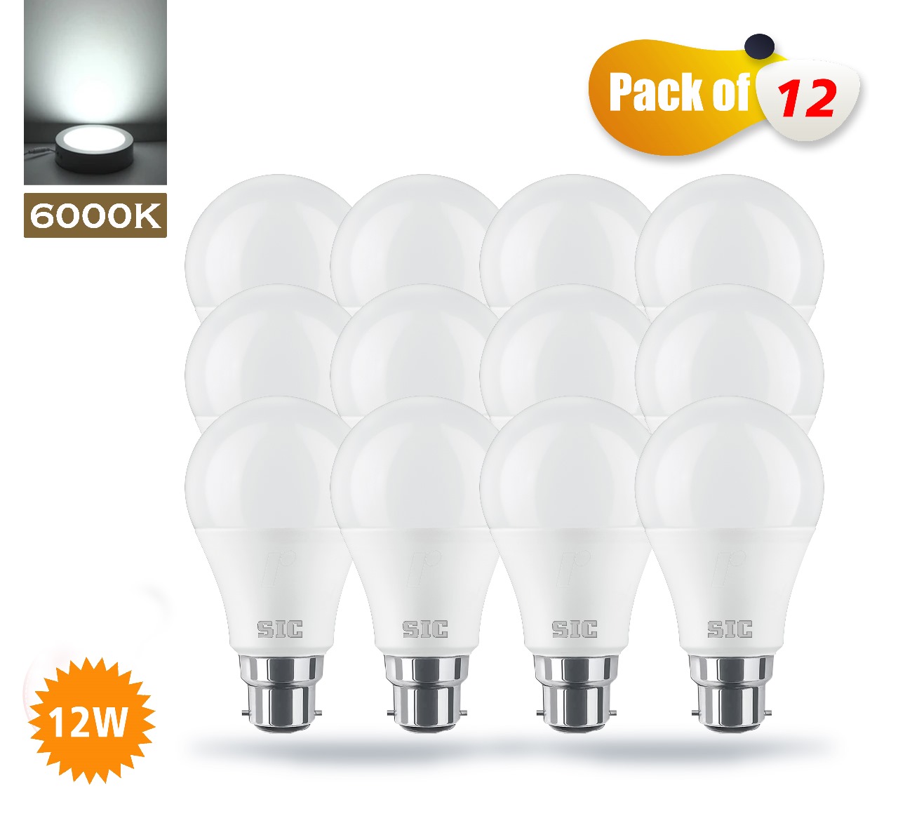Pack of 12 SIC LED Bulb 12W B22 Equivalent, 6000K White, 1200 Lumens ...