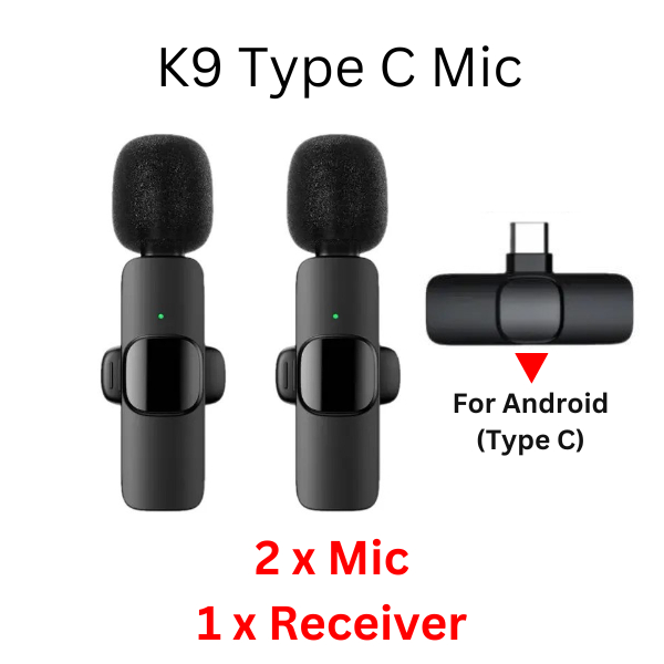 K9 Wireless Lavalier Microphone with USB Type C and iOS Connector Plug and Play Noise Reduction ...